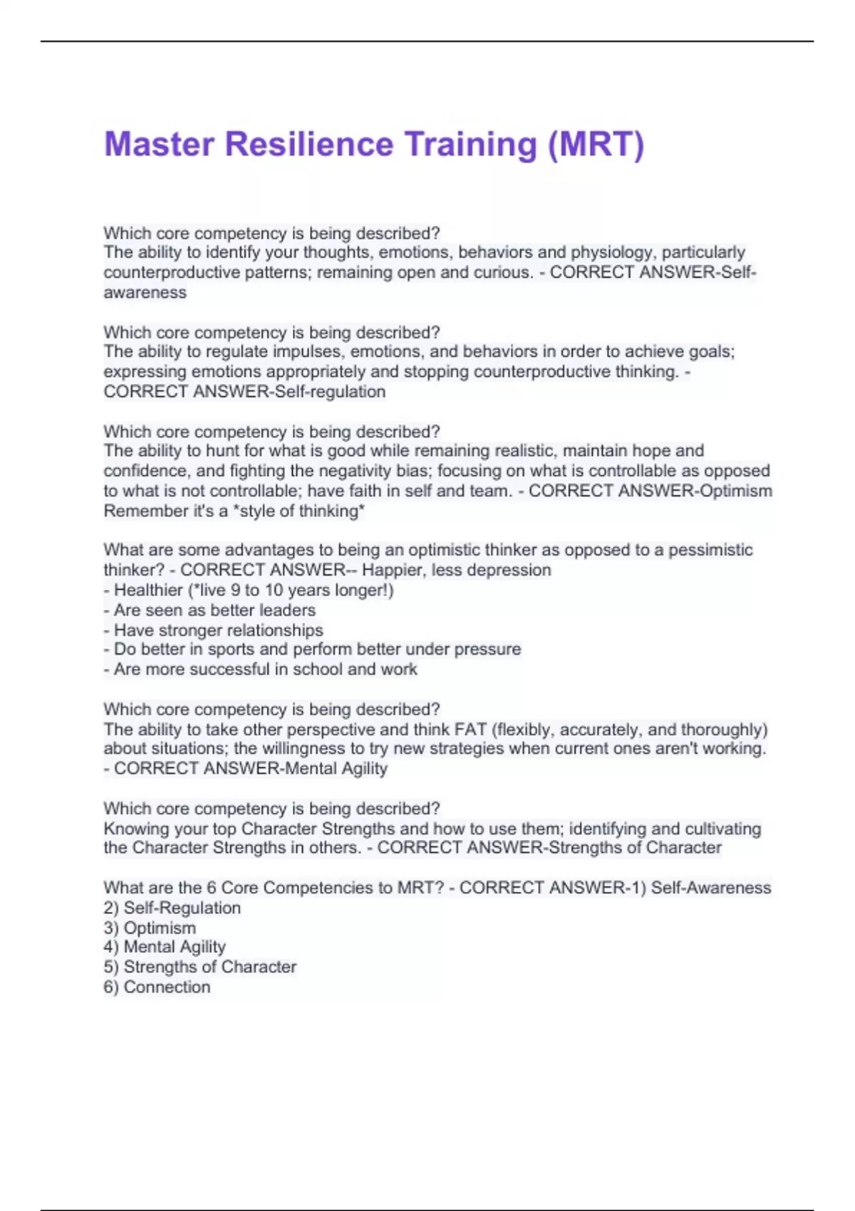 Master Resilience Training (MRT) Questions And Answers | 2025 Updated ...