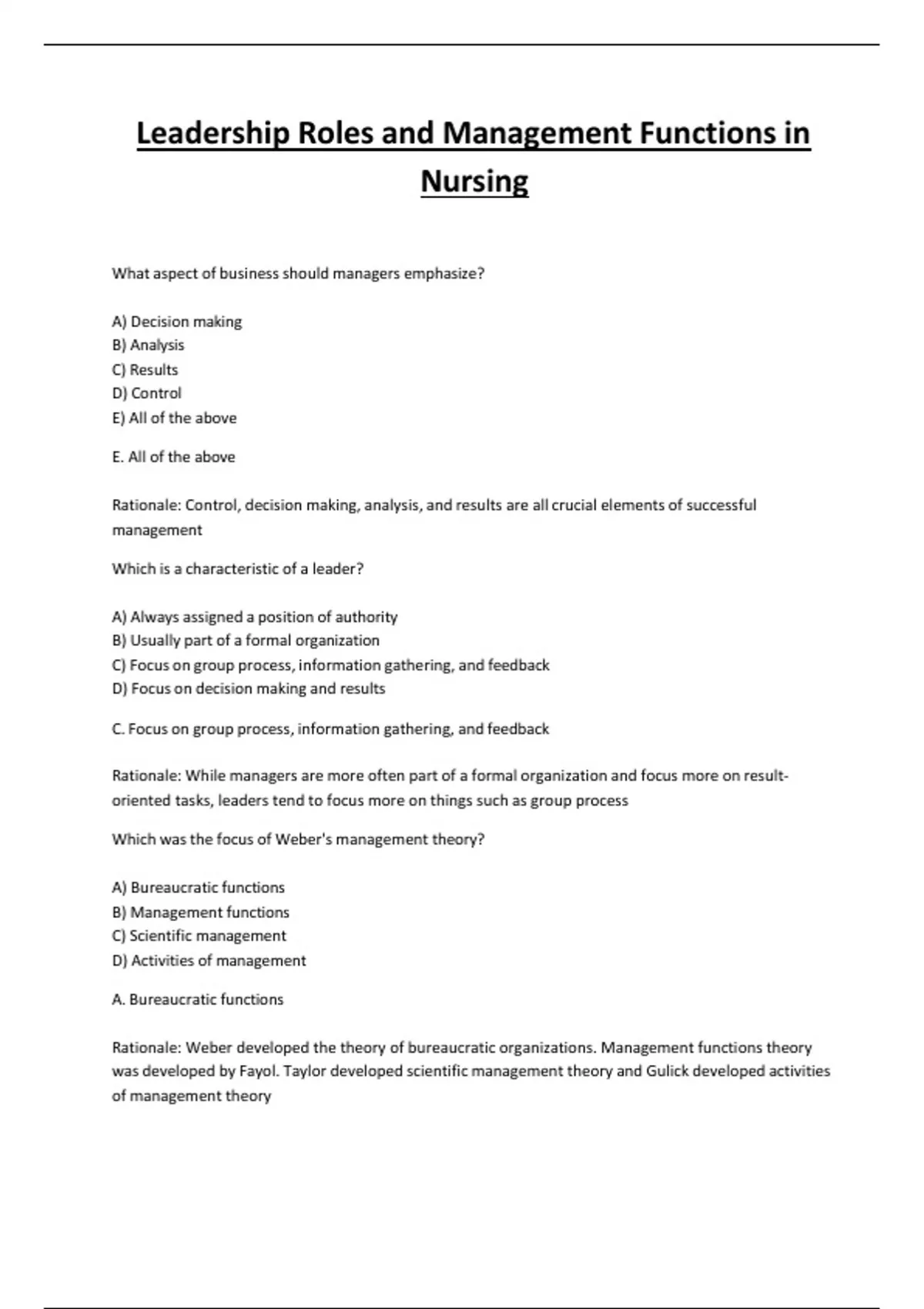 Leadership Roles and Management Functions in Nursing QUESTION AND ...
