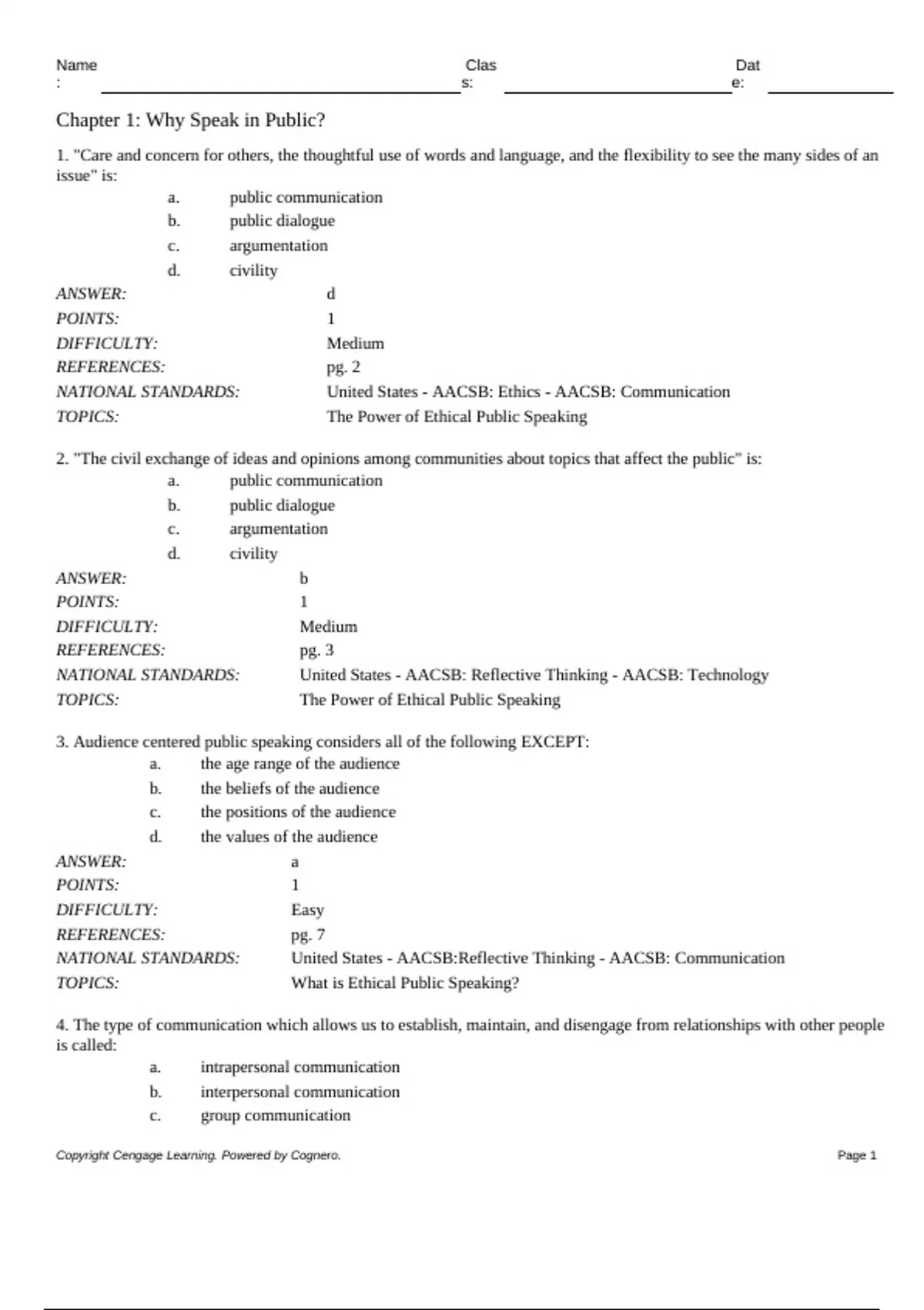 Test Bank, Practice Questions: Invitation to Public Speaking - National ...