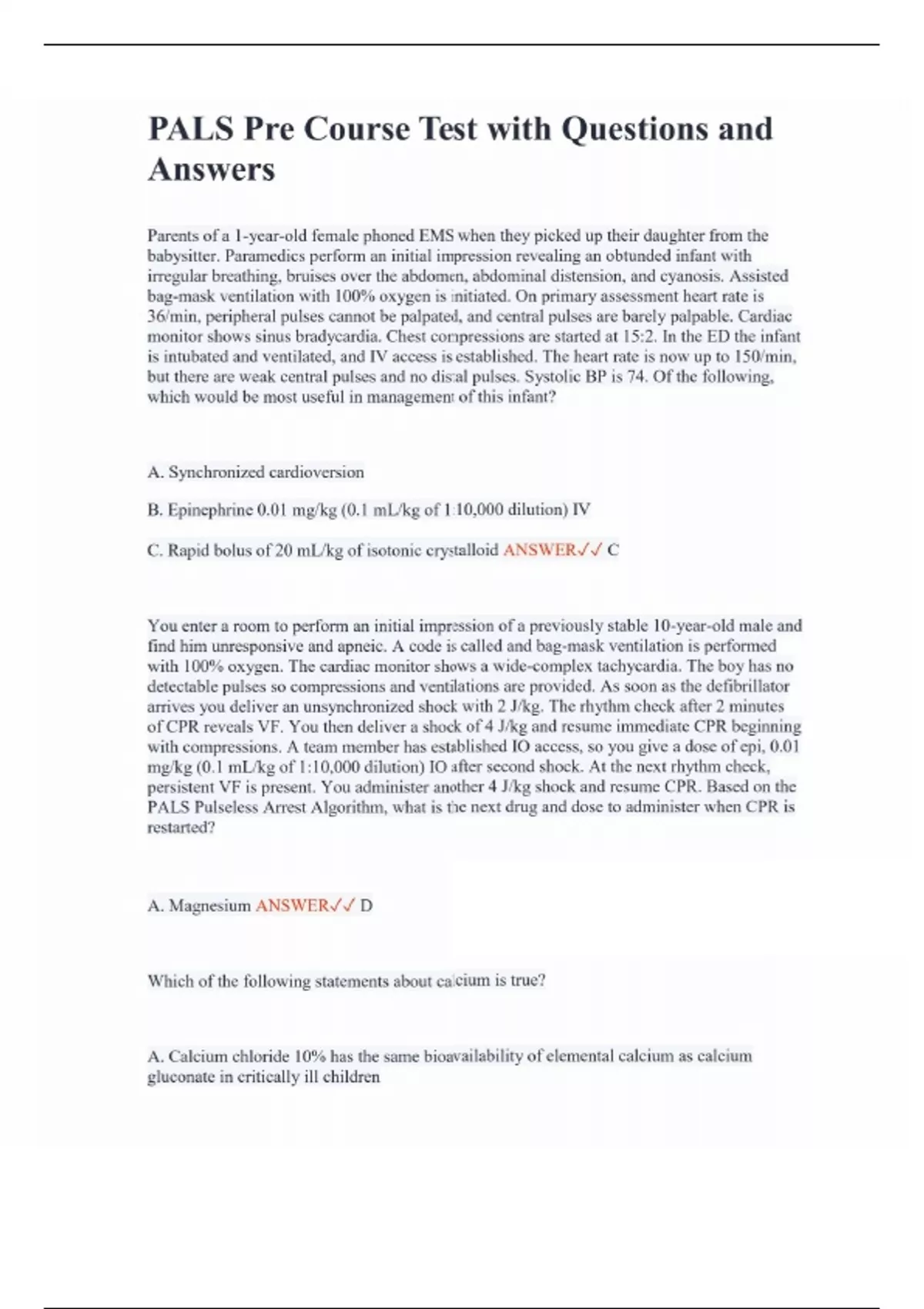PALS Pre Course Test with Questions and Answers - Pals - Stuvia US