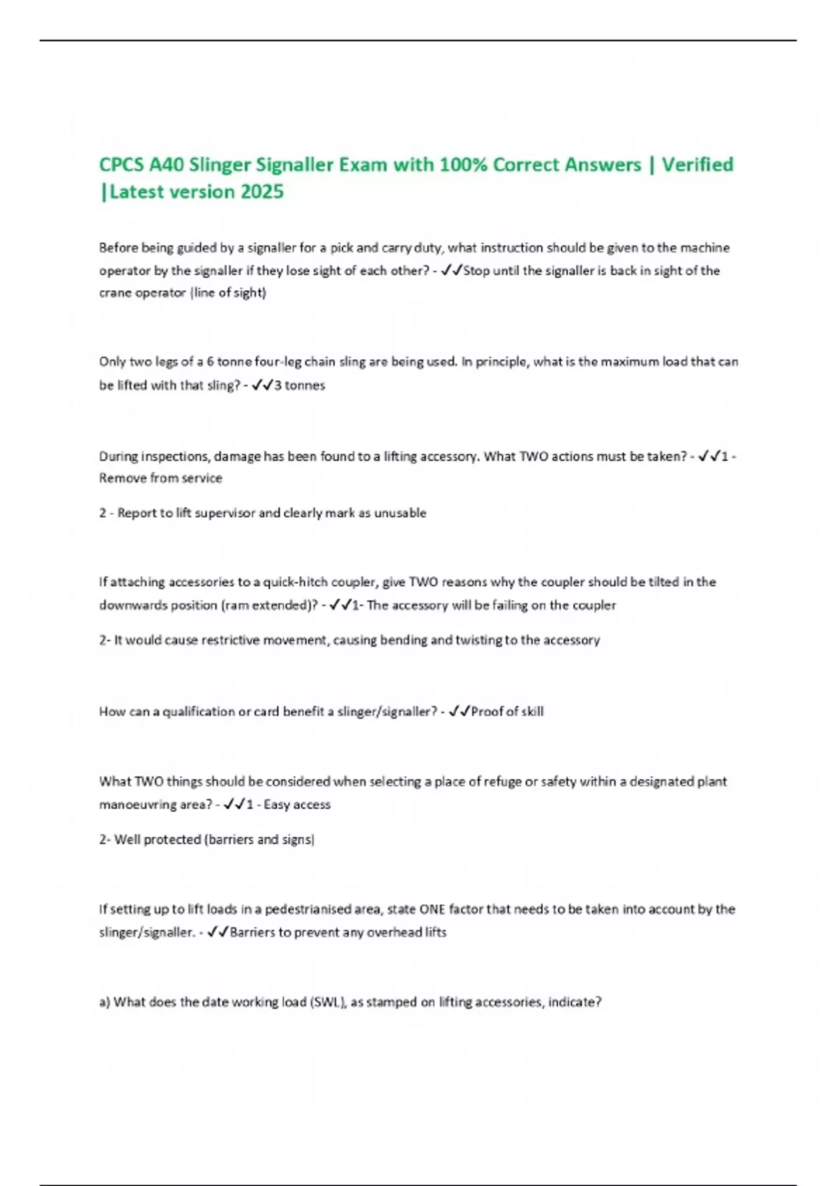 CPCS A40 Slinger Signaller Exam with 100% Correct Answers | Verified ...