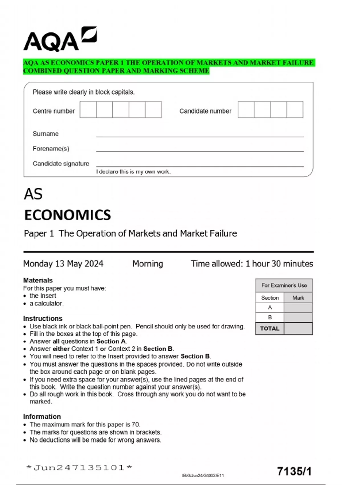 AQA AS ECONOMICS PAPER 1 THE OPERATION OF MARKETS AND MARKET FAILURE ...