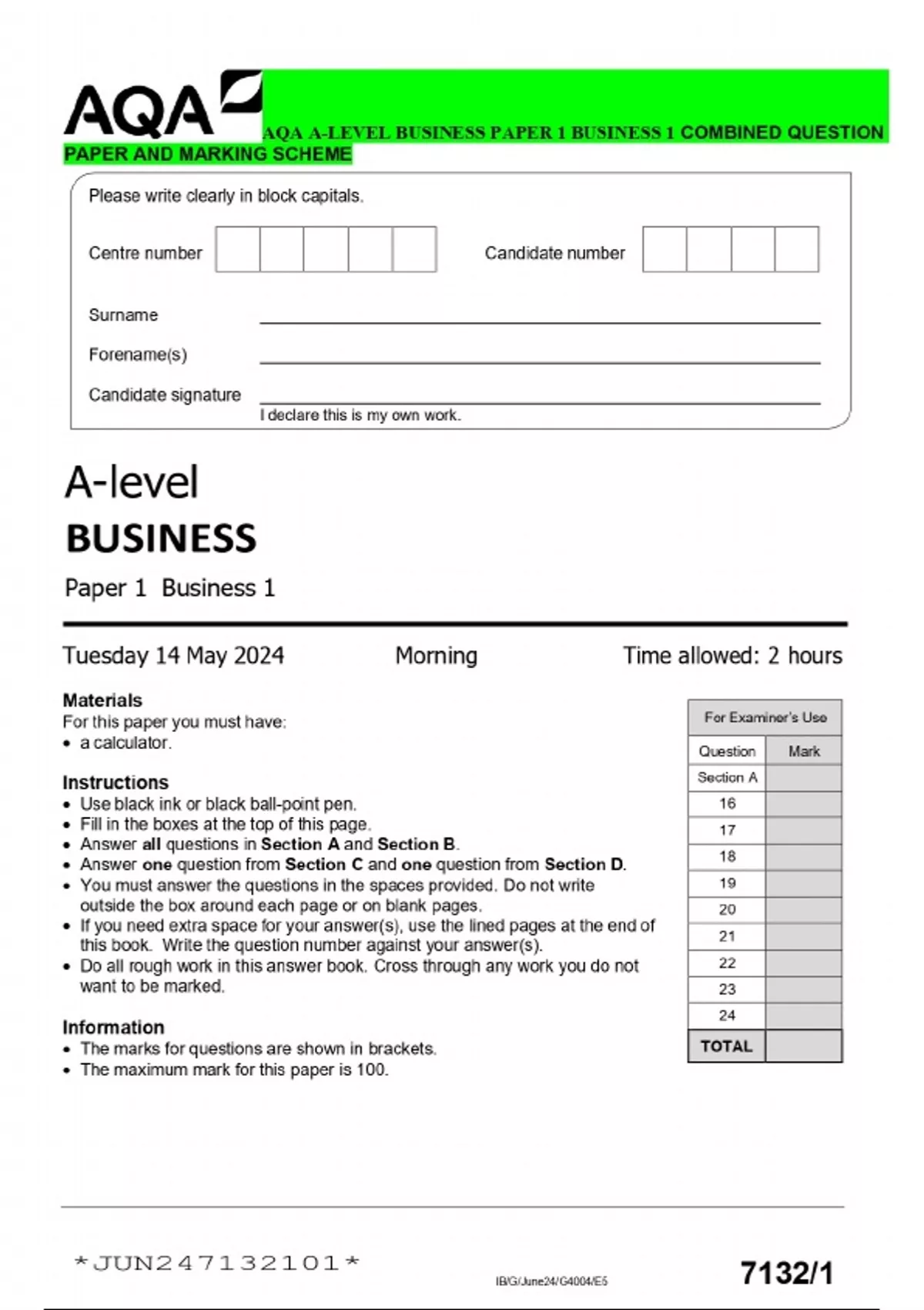 AQA A-LEVEL BUSINESS PAPER 1 BUSINESS 1 COMBINED QUESTION PAPER AND ...