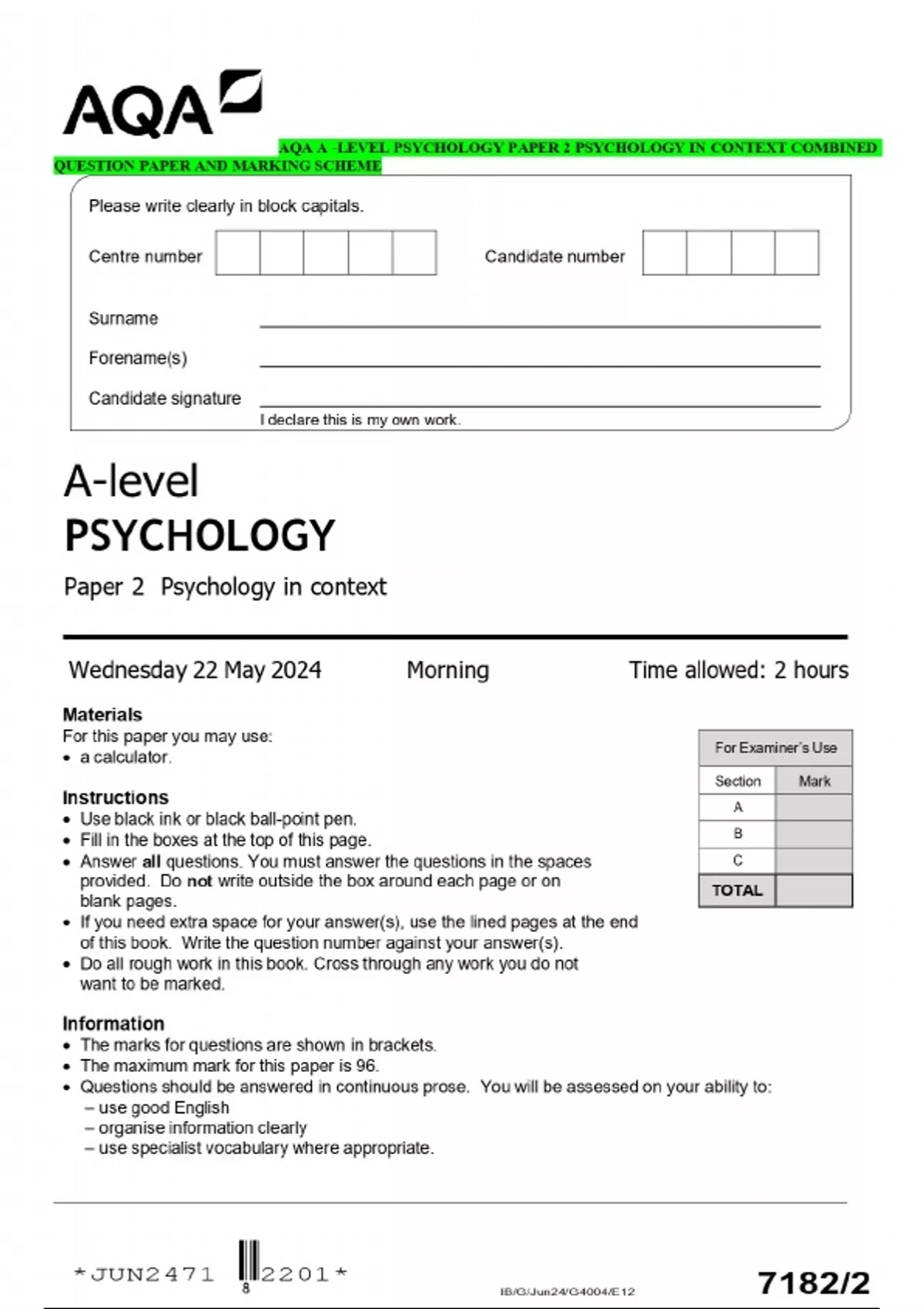 AQA A -LEVEL PSYCHOLOGY PAPER 2 PSYCHOLOGY IN CONTEXT COMBINED QUESTION ...
