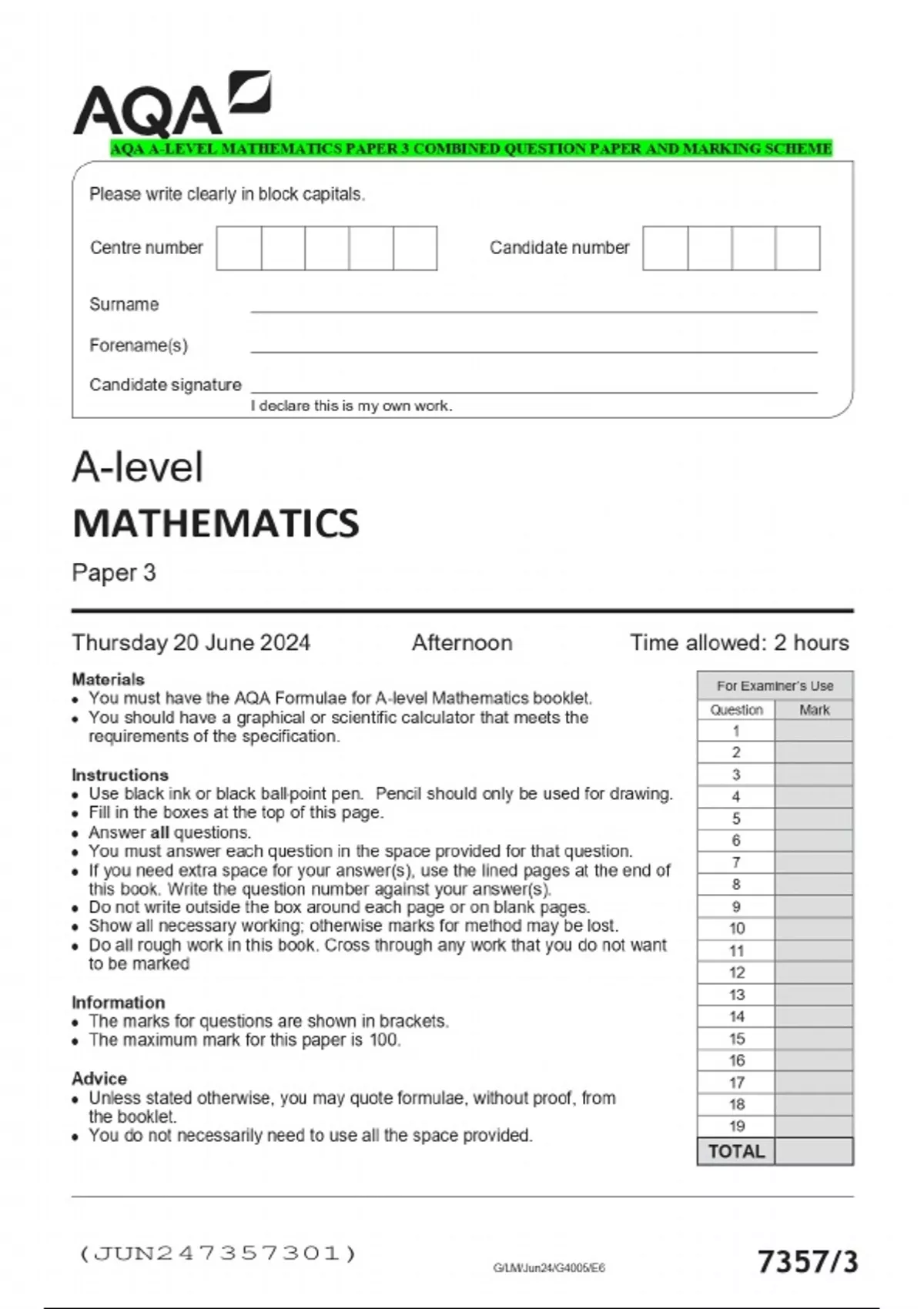 AQA A-LEVEL MATHEMATICS PAPER 3 COMBINED QUESTION PAPER AND MARKING ...