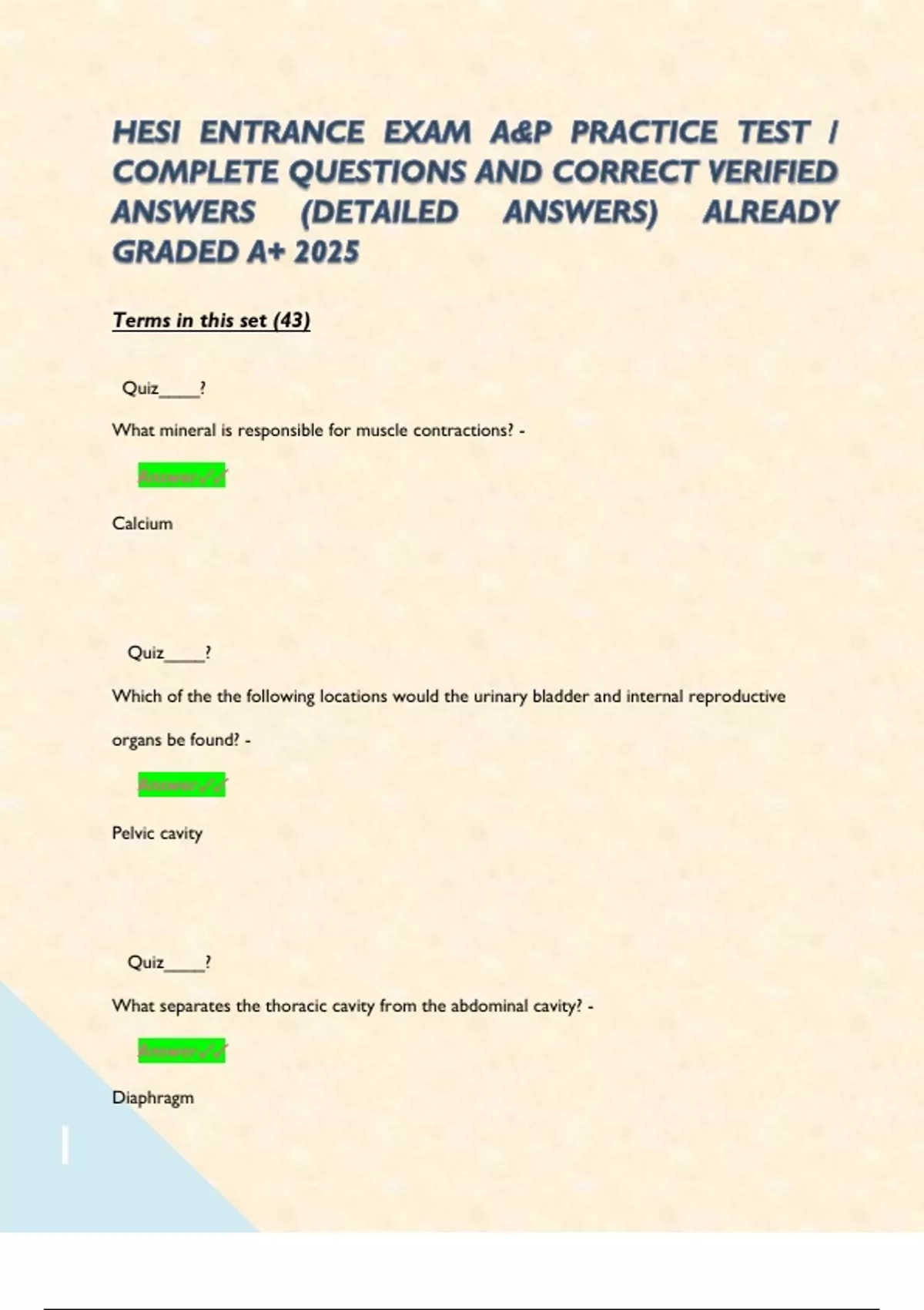 HESI ENTRANCE EXAM A&P PRACTICE TEST / COMPLETE QUESTIONS AND CORRECT ...