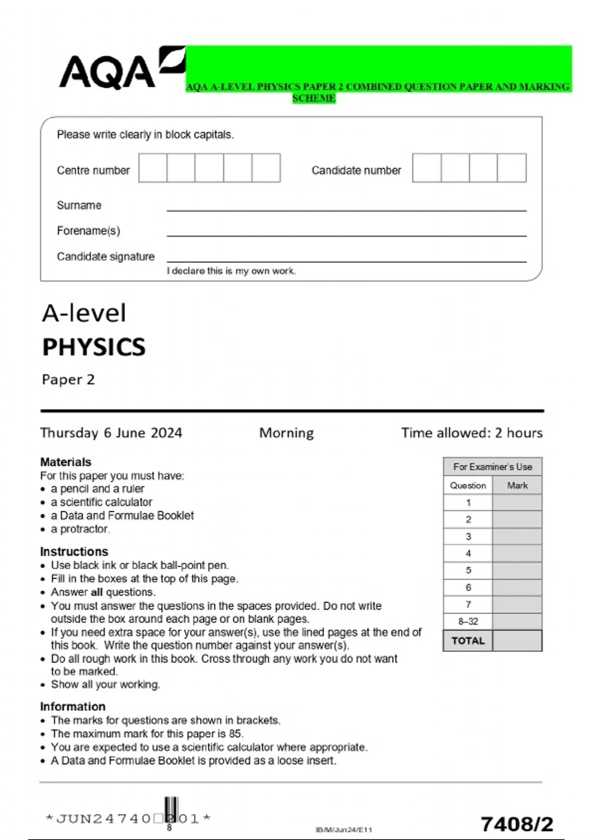 AQA A-LEVEL PHYSICS PAPER 2 COMBINED QUESTION PAPER AND MARKING SCHEME ...