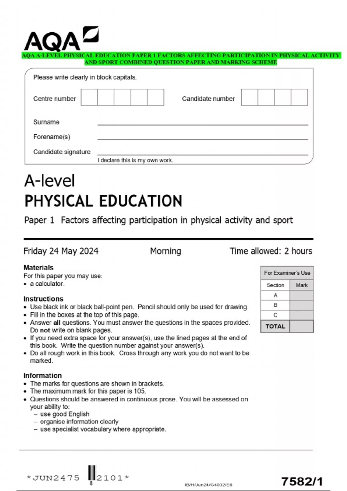AQA A-LEVEL PHYSICAL EDUCATION PAPER 1 FACTORS AFFECTING PARTICIPATION IN PHYSICAL ACTIVITY AND ...