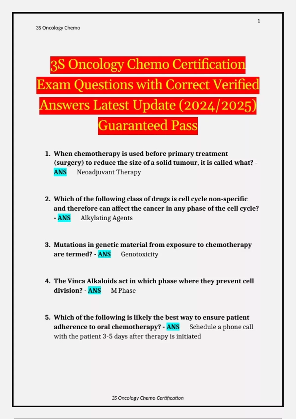 3S Oncology Chemo Certification Exam Questions with Correct Verified ...