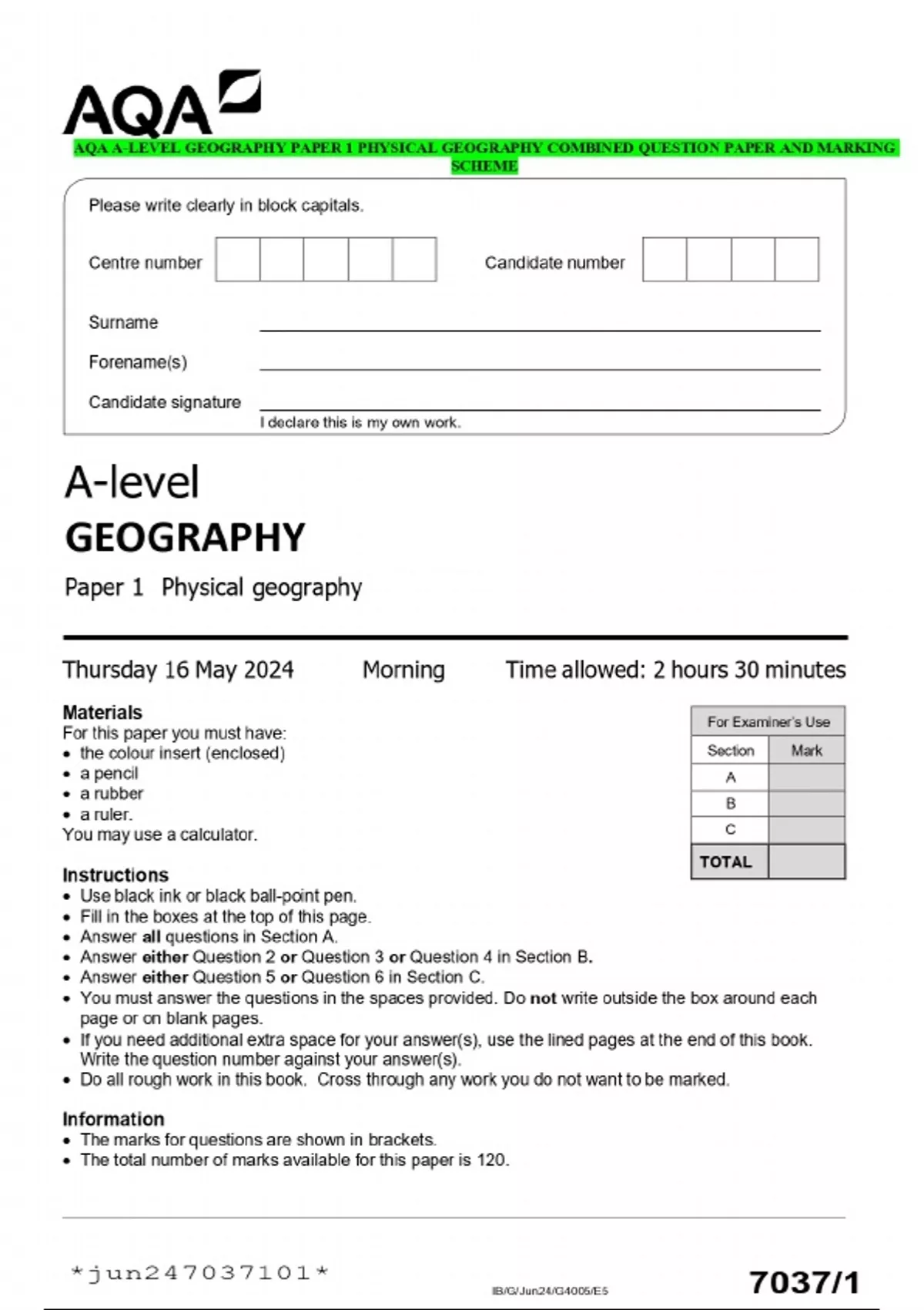 AQA A-LEVEL GEOGRAPHY PAPER 1 PHYSICAL GEOGRAPHY COMBINED QUESTION ...
