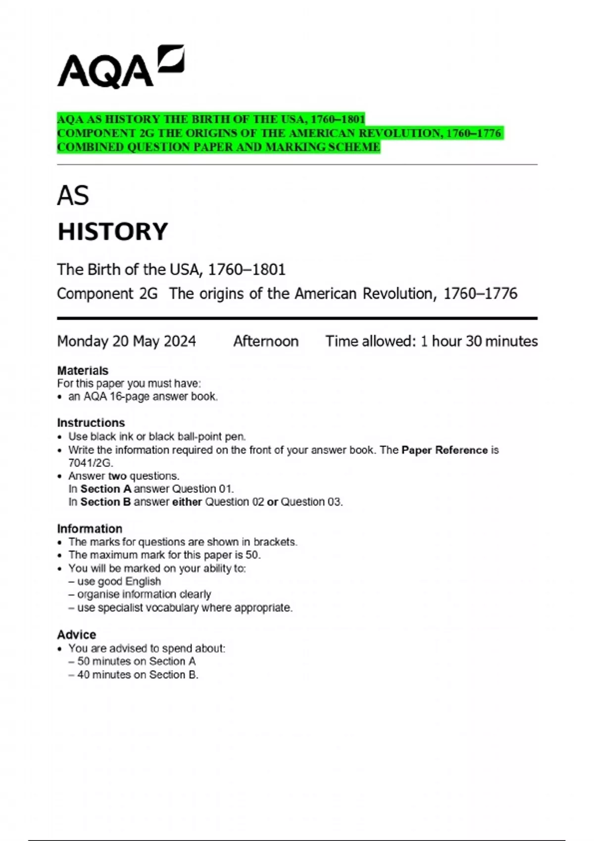 AQA AS HISTORY THE BIRTH OF THE USA, 1760–1801 COMPONENT 2G THE ORIGINS ...