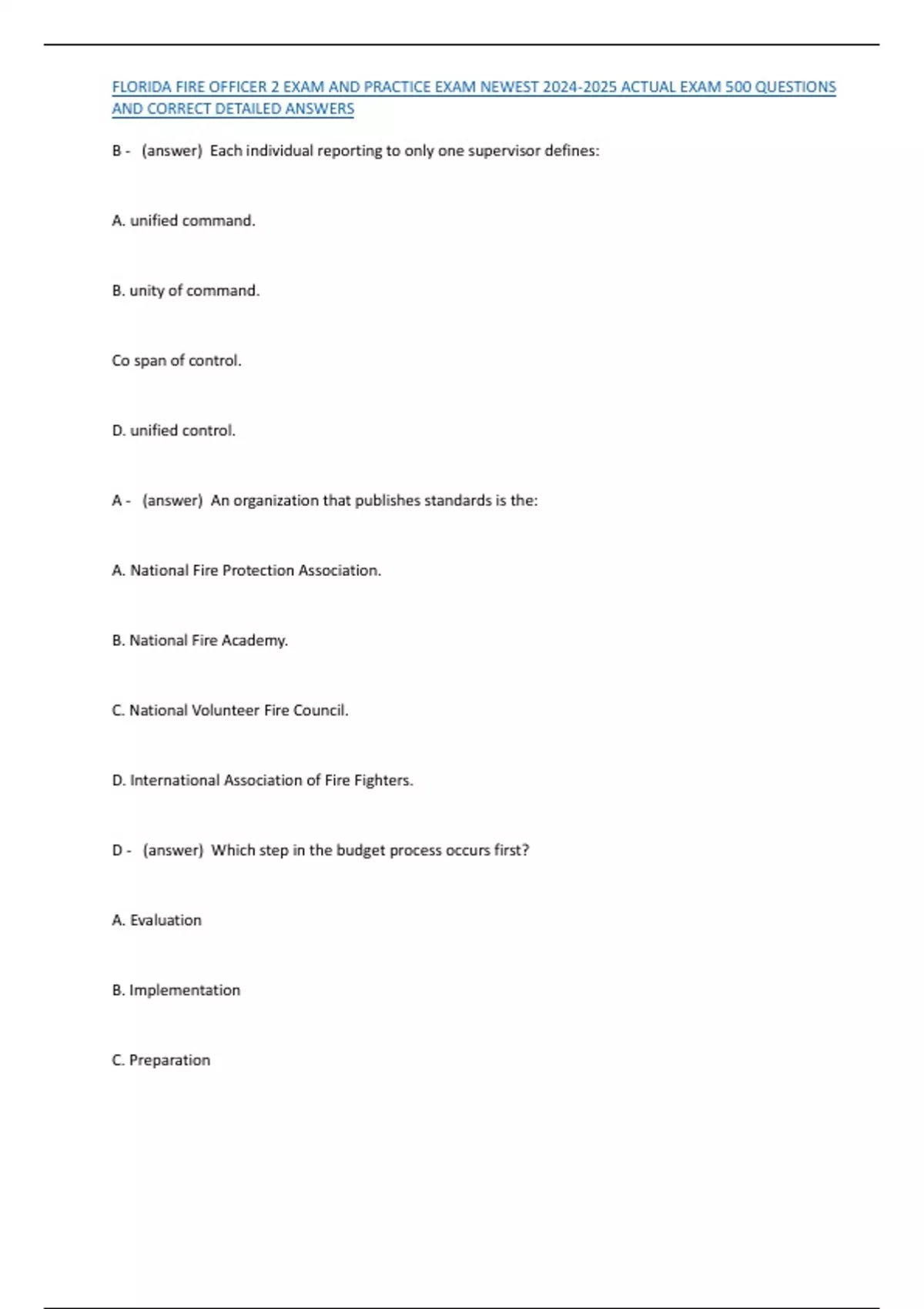 Florida Fire Officer 1 Exam And Practice Exam Newest Actual Exam 500