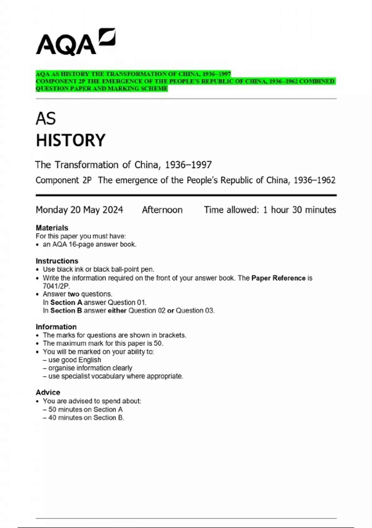 AQA AS HISTORY THE TRANSFORMATION OF CHINA, 1936–1997 COMPONENT 2P THE ...