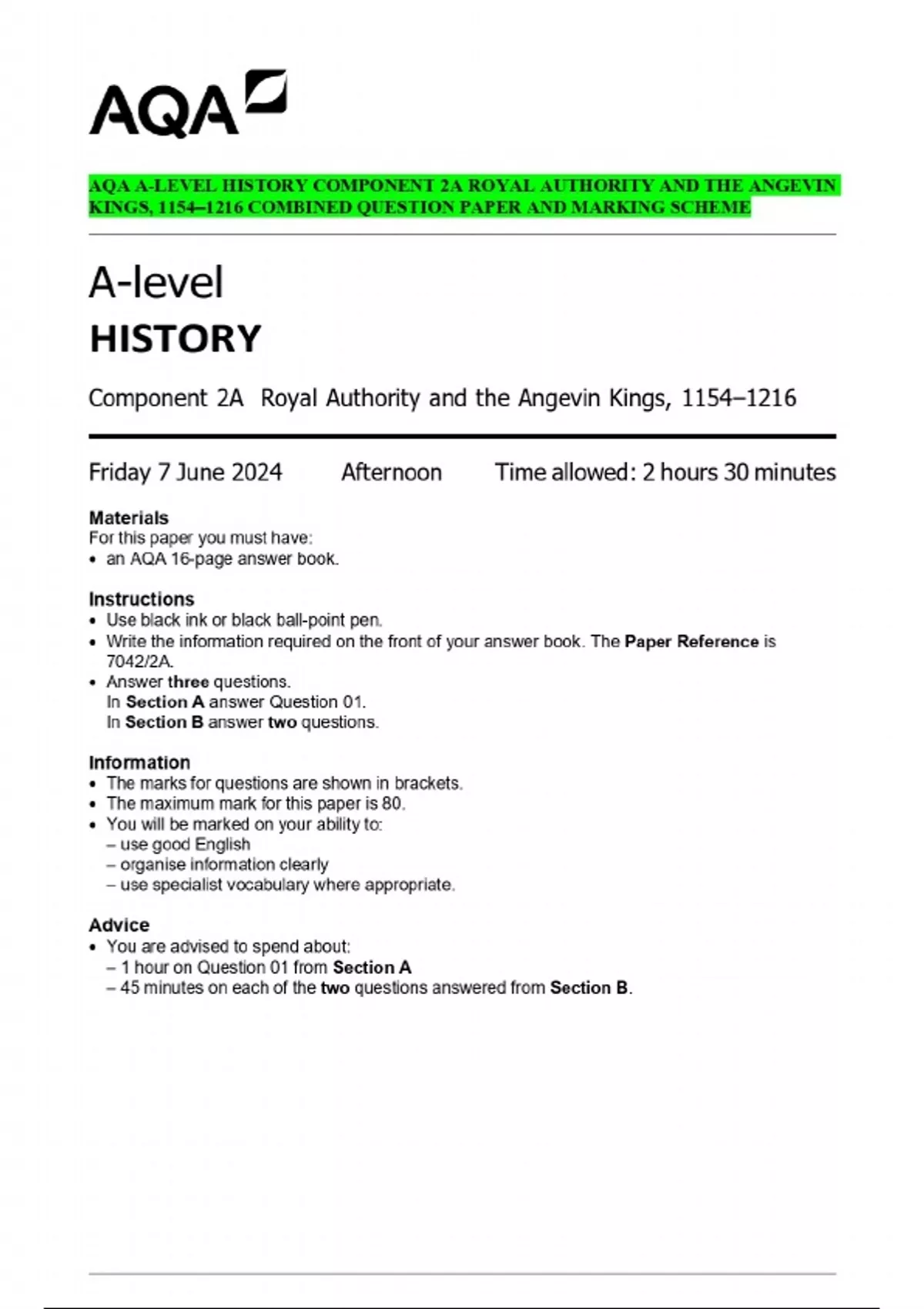 AQA A-LEVEL HISTORY COMPONENT 2A ROYAL AUTHORITY AND THE ANGEVIN KINGS ...