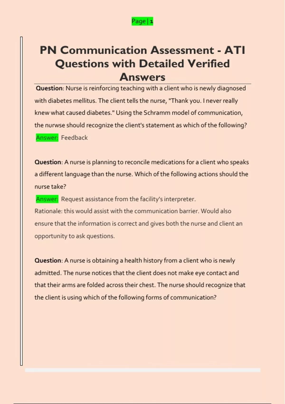 PN Communication Assessment - ATI Questions with Detailed Verified ...