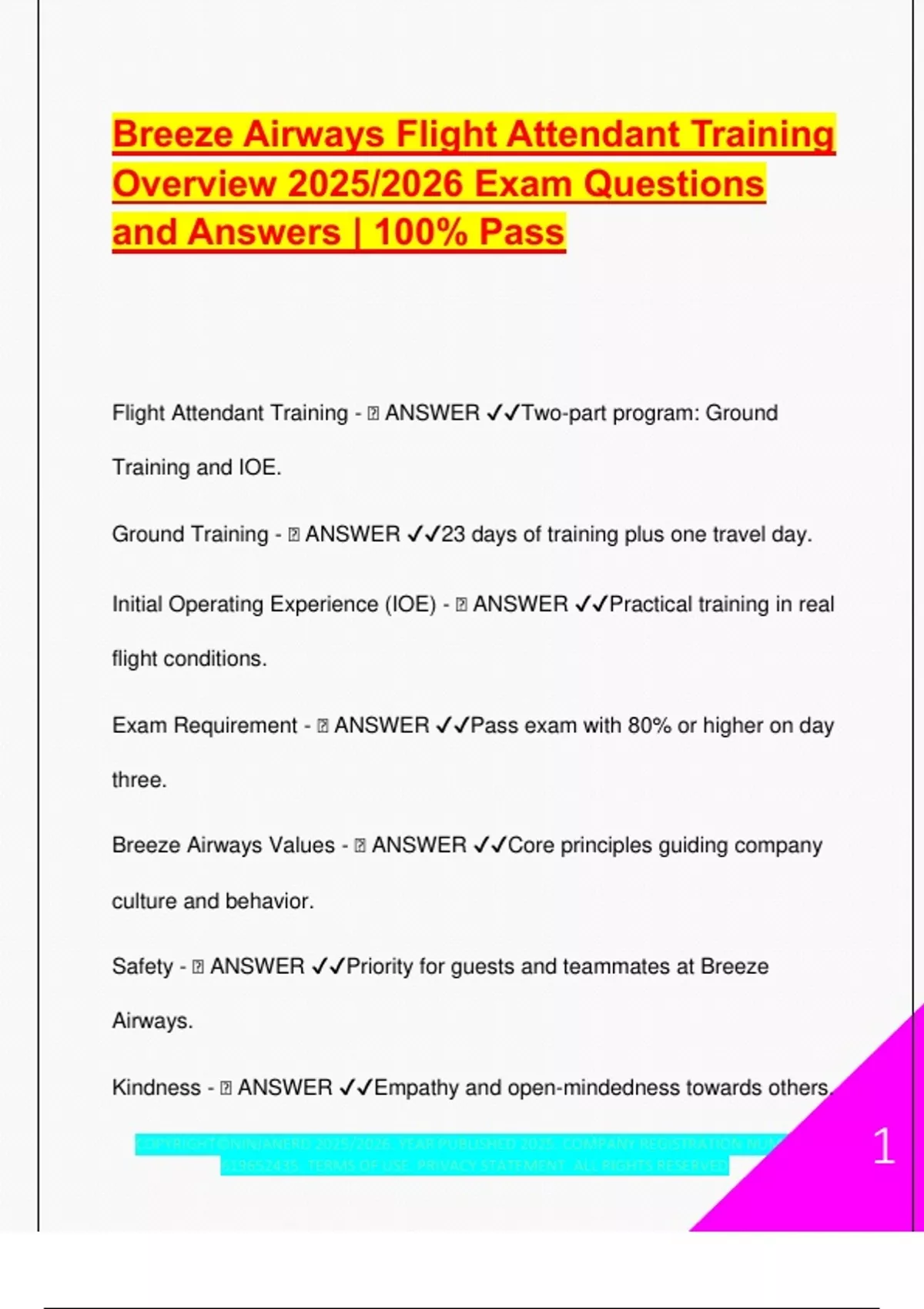 Breeze Airways Flight Attendant Training 2025/2026 – Full Exam-Ready Q ...