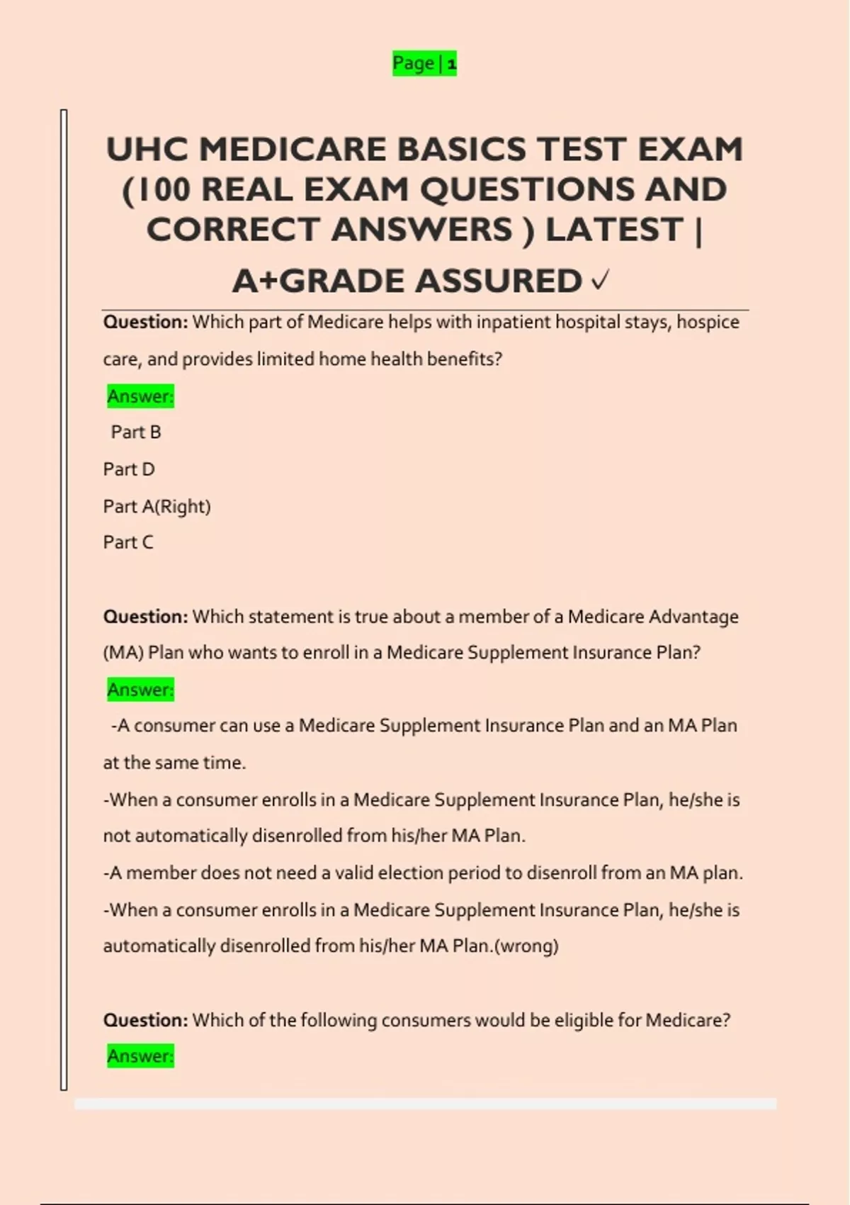 UHC MEDICARE BASICS TEST EXAM (100 REAL EXAM QUESTIONS AND CORRECT ...