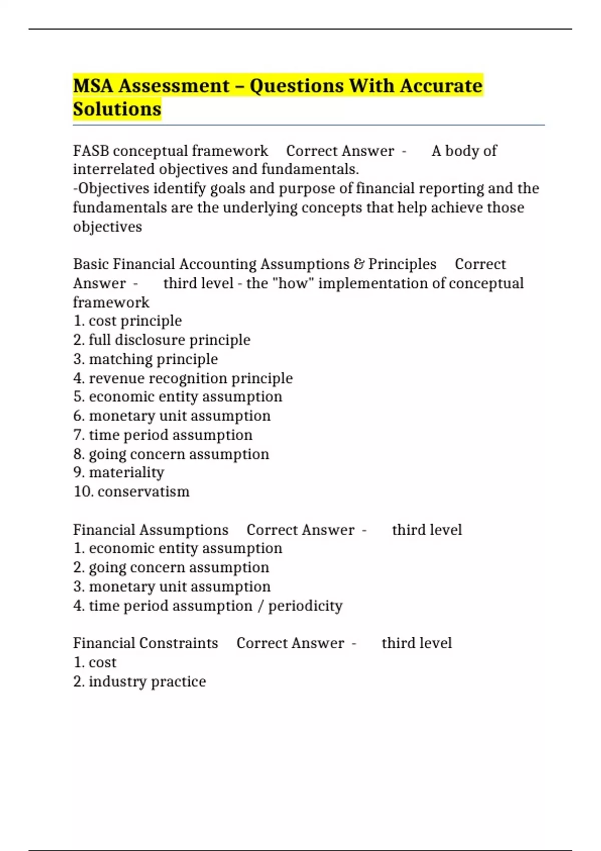 MSA Assessment – Questions With Accurate Solutions - MSA - Stuvia US