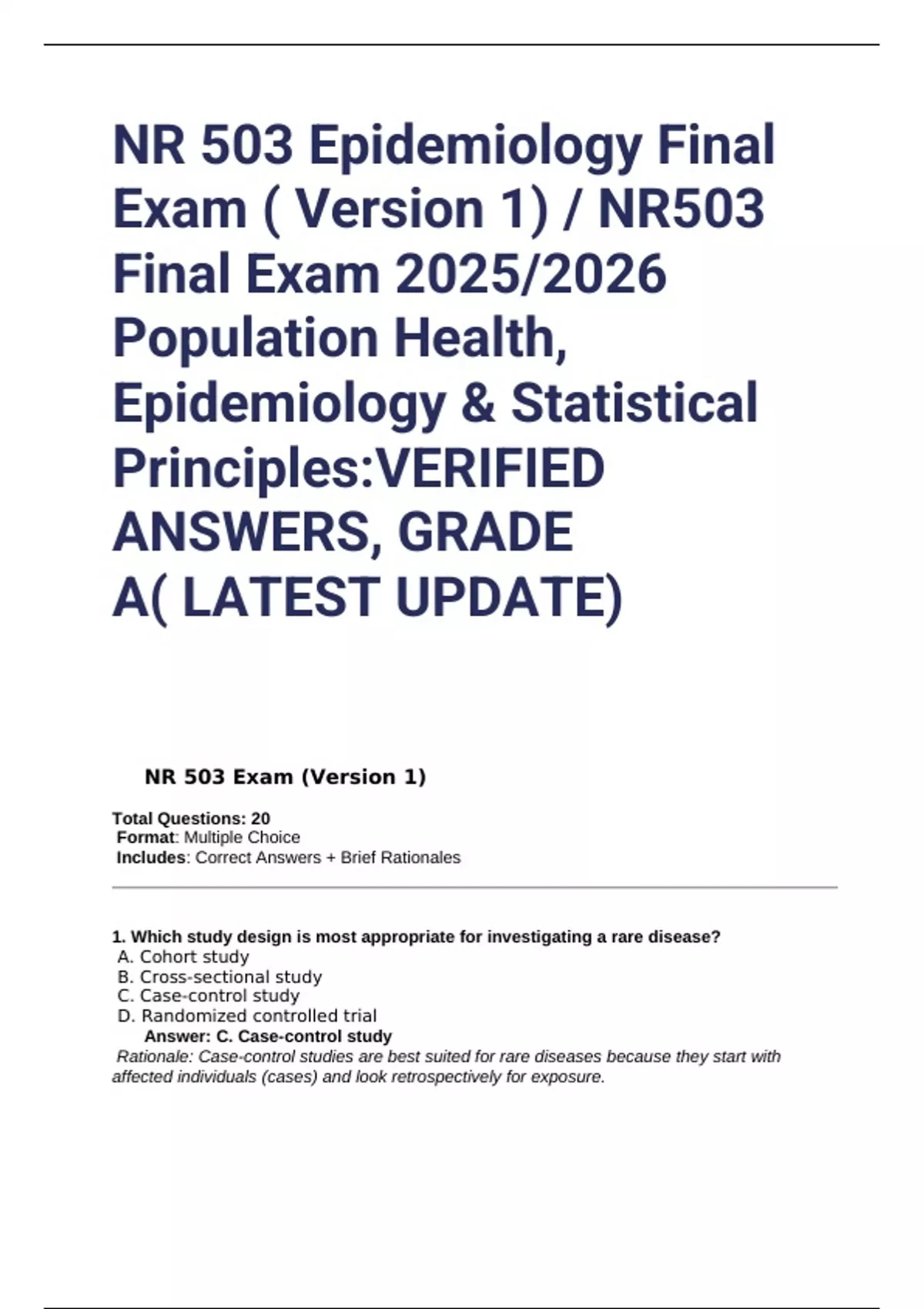 NR 503 Epidemiology Final Exam ( Version 1) / NR503 Final Exam 2025/ ...
