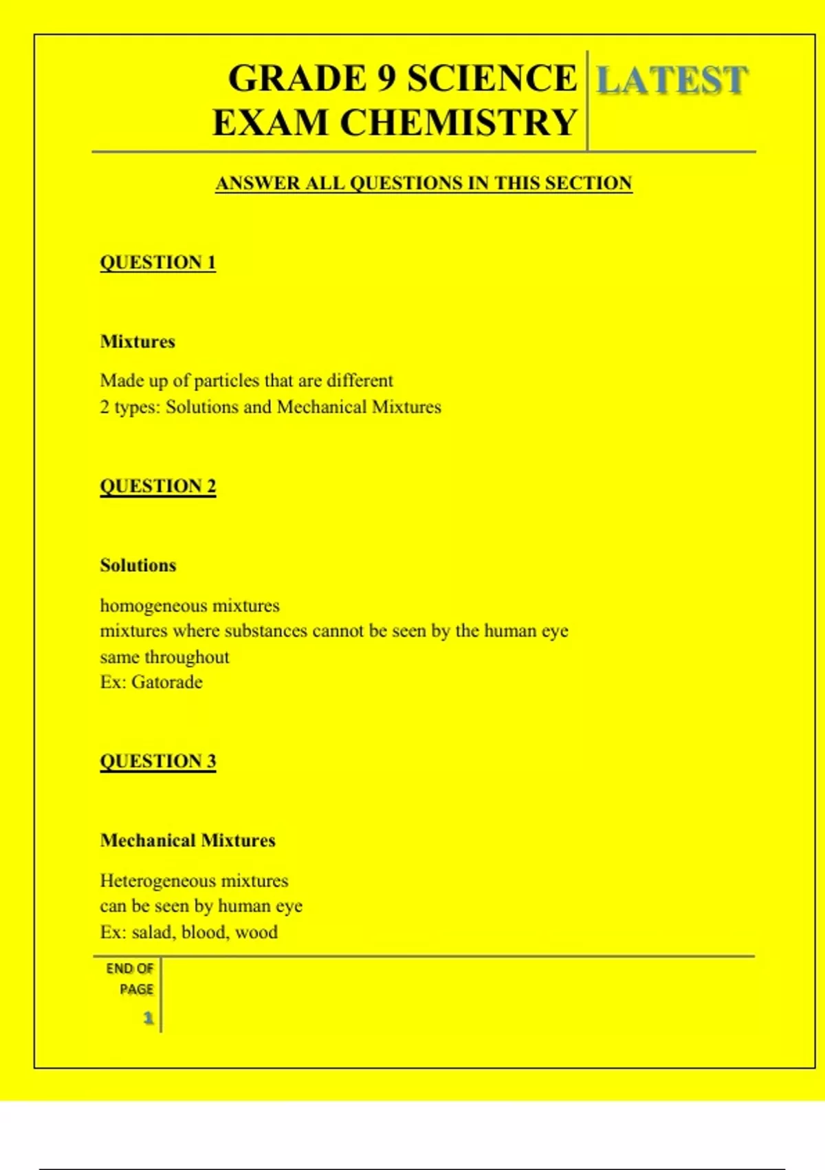 GRADE 9 SCIENCE EXAM CHEMISTRY QUESTIONS AND ANSWERS 2025 - GRADE 9 ...