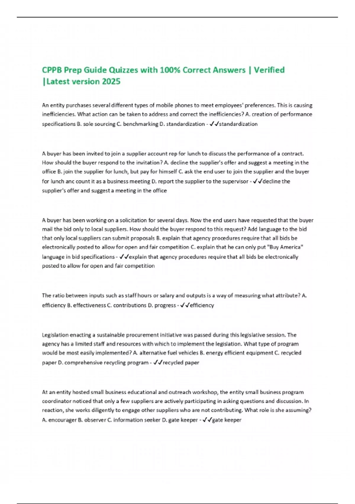 Cppb Prep Guide Quizzes With 100 Correct Answers Verified Latest Version 2025 Cppb Stuvia Us