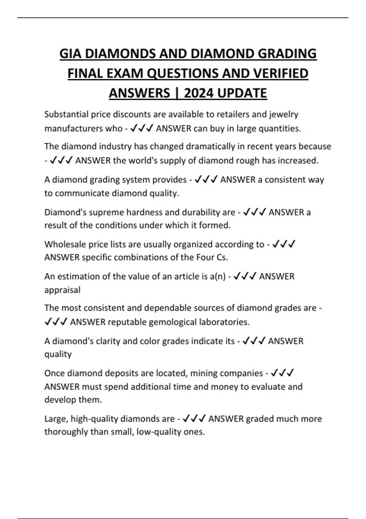 GIA DIAMONDS AND DIAMOND GRADING FINAL EXAM QUESTIONS AND VERIFIED ...