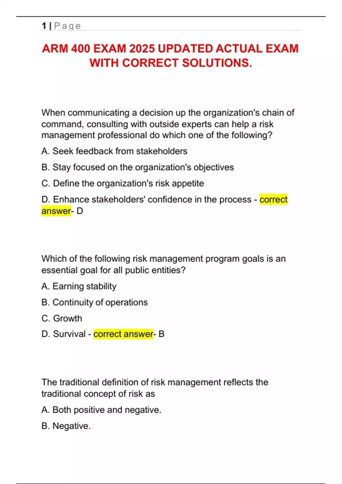 ARM 400 EXAM 2025 UPDATED ACTUAL EXAM WITH CORRECT SOLUTIONS. - ARM 400 - Stuvia US