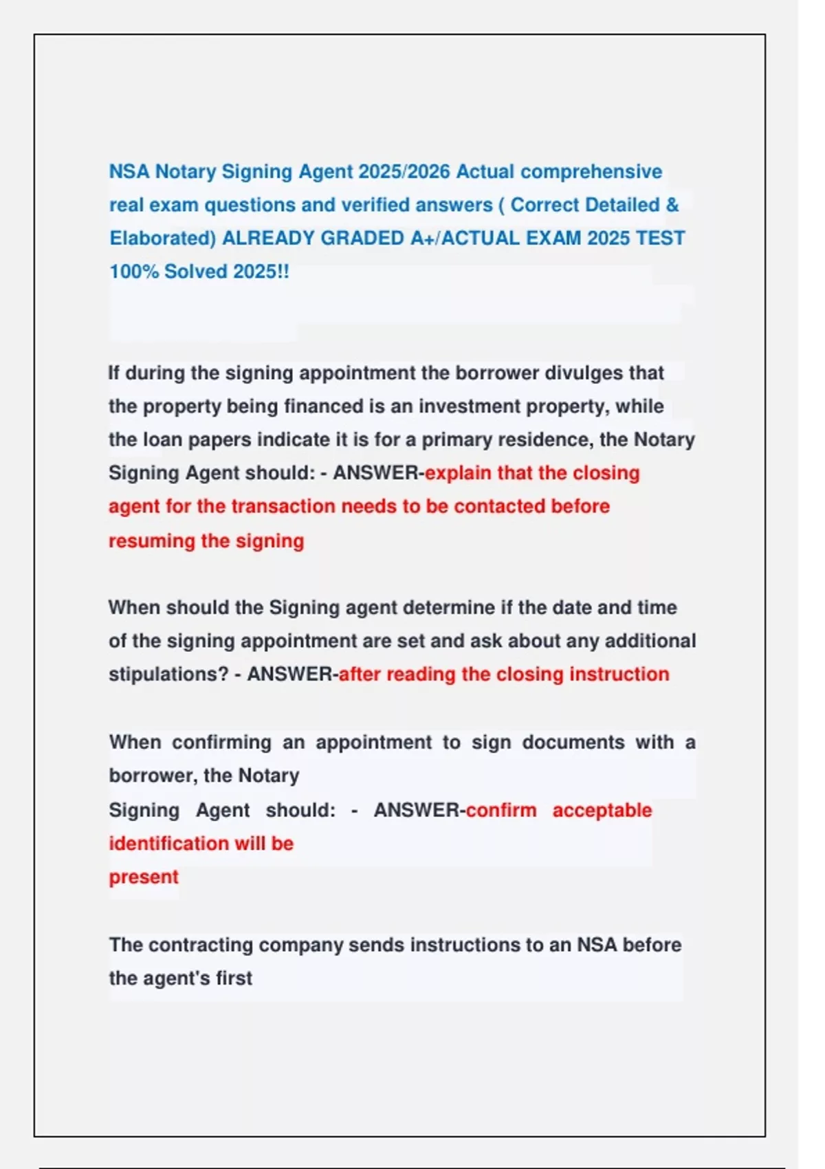 NSA Notary Signing Agent 2025/2026 Actual comprehensive real exam ...