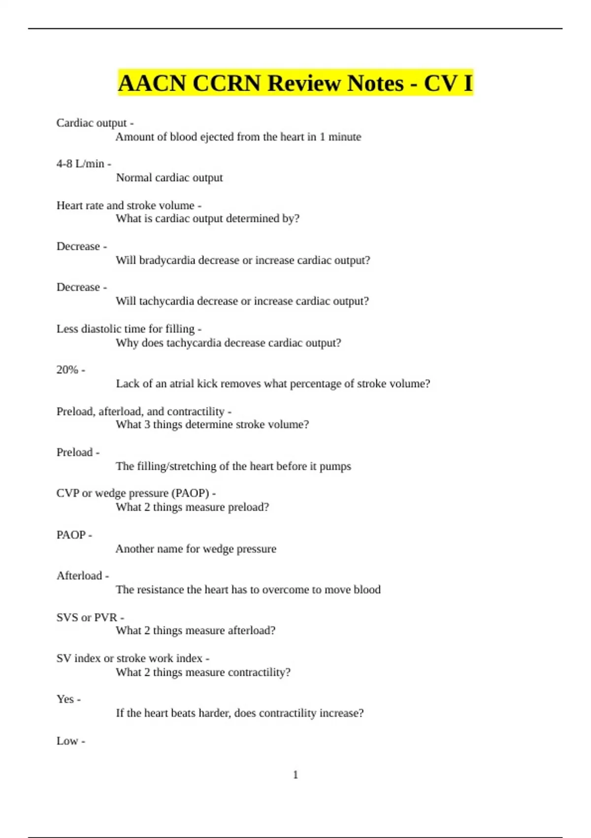 AACN CCRN Review Notes - Cardiovascular (CV) Section - CCRN - Stuvia US