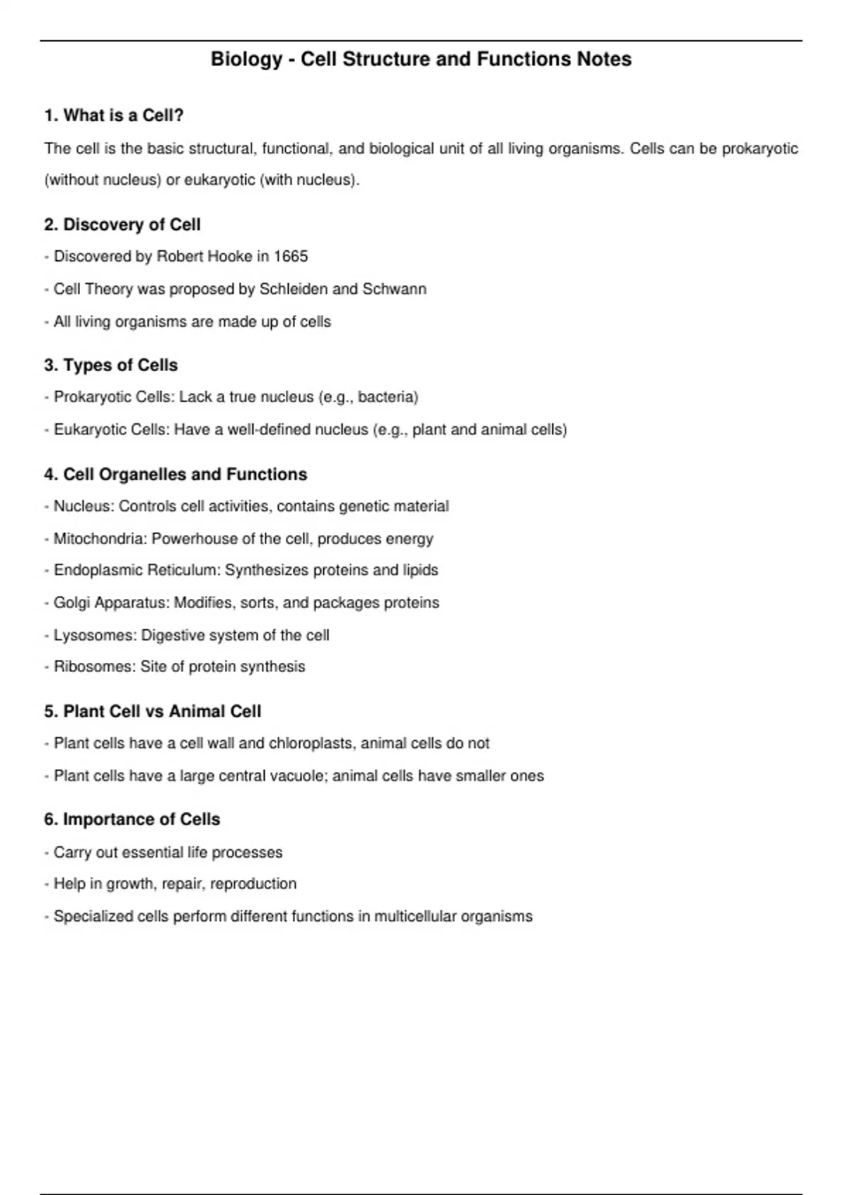summary -cell structure - Biology - Stuvia US