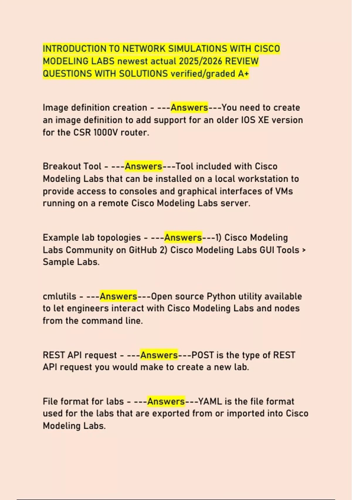 INTRODUCTION TO NETWORK SIMULATIONS WITH CISCO MODELING LABS newest actual 2025/2026 REVIEW ...