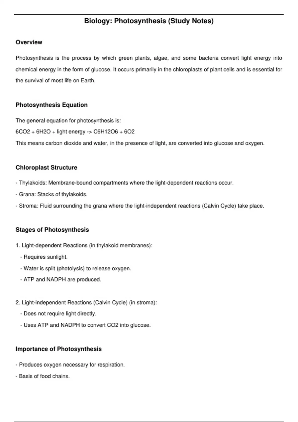 Summary -photosynthesis - Biology - Stuvia US