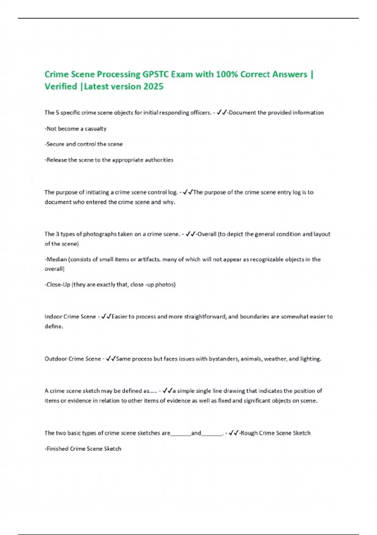 Crime Scene Processing GPSTC Exam with 100% Correct Answers | Verified ...