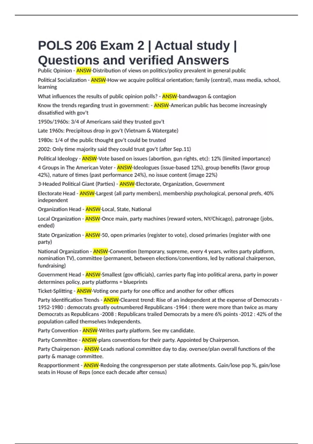 POLS 206 Exam 2 | Actual study | Questions and verified Answers - POLS ...