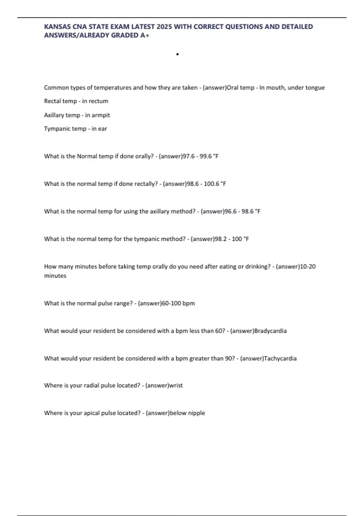 KANSAS CNA STATE EXAM LATEST 2025 WITH CORRECT QUESTIONS AND DETAILED ...