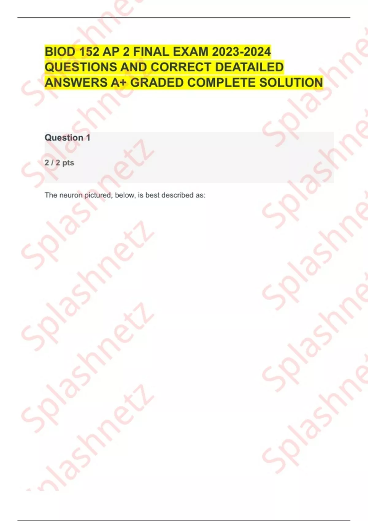 BIOD 152 AP 2 FINAL EXAM QUESTIONS AND CORRECT DETAILED ANSWERS A+ ...