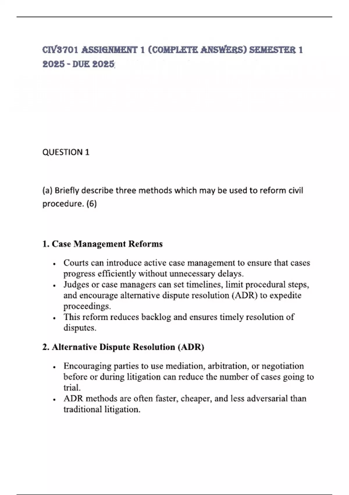 CIV3701 Assignment 1 (COMPLETE ANSWERS) Semester 1 2025 - DUE 2025 - Civil Procedure (CIV3701 ...
