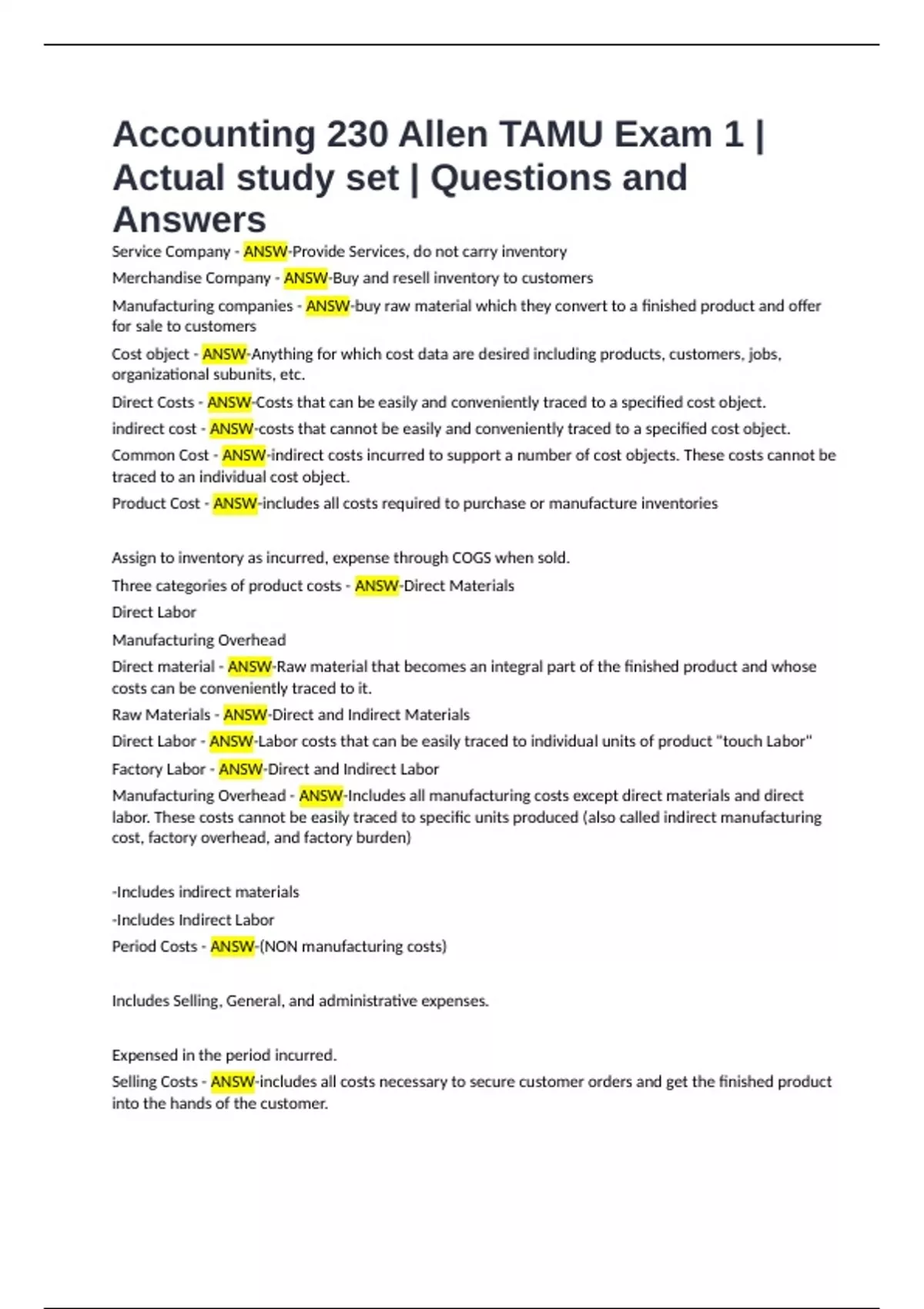 Accounting 230 Allen TAMU Exam 1 | Actual study set | Questions and ...