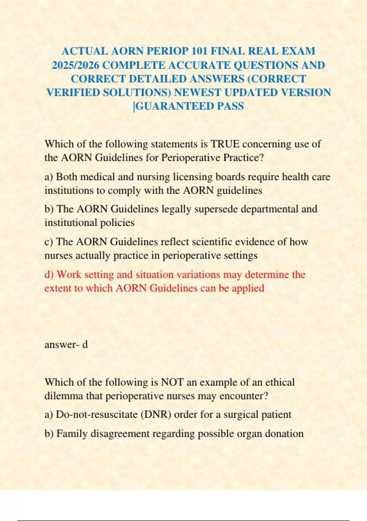 ACTUAL AORN PERIOP 101 FINAL REAL EXAM 2025/2026 COMPLETE ACCURATE ...
