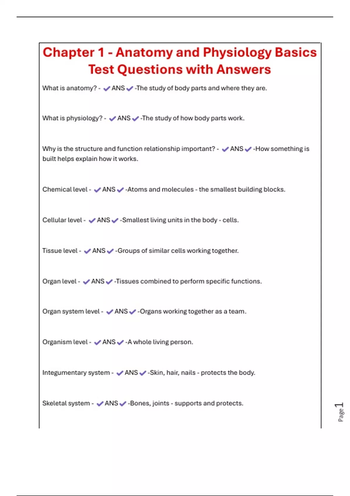 Chapter 1 - Anatomy and Physiology Basics Test Questions with Answers ...