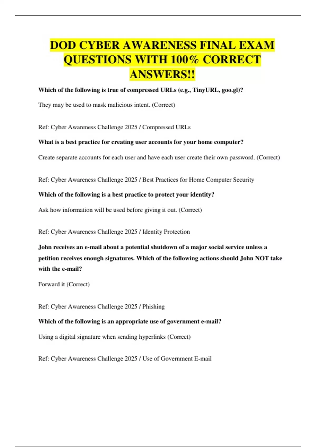 DOD CYBER AWARENESS FINAL EXAM QUESTIONS WITH 100% CORRECT ANSWERS ...