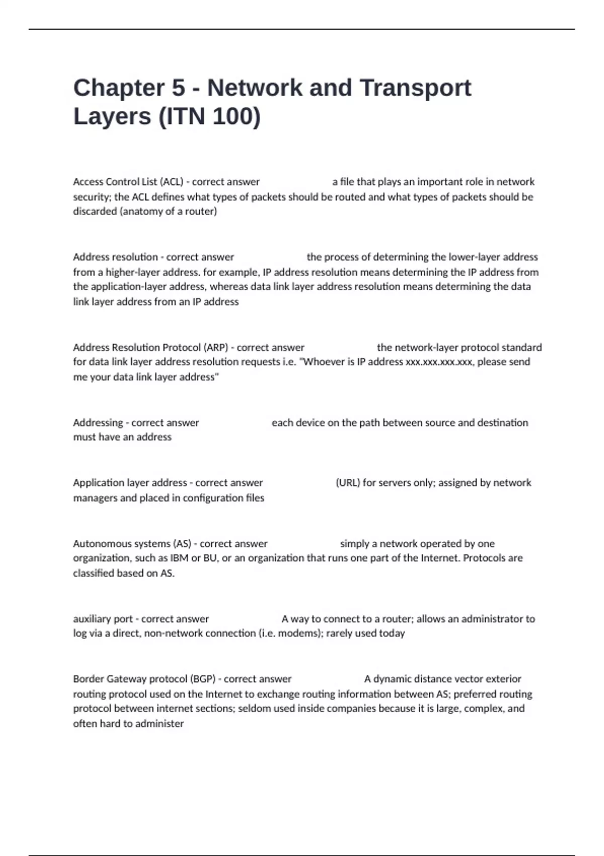 Chapter 5 - Network and Transport Layers (ITN 100) Final Exam Latest ...