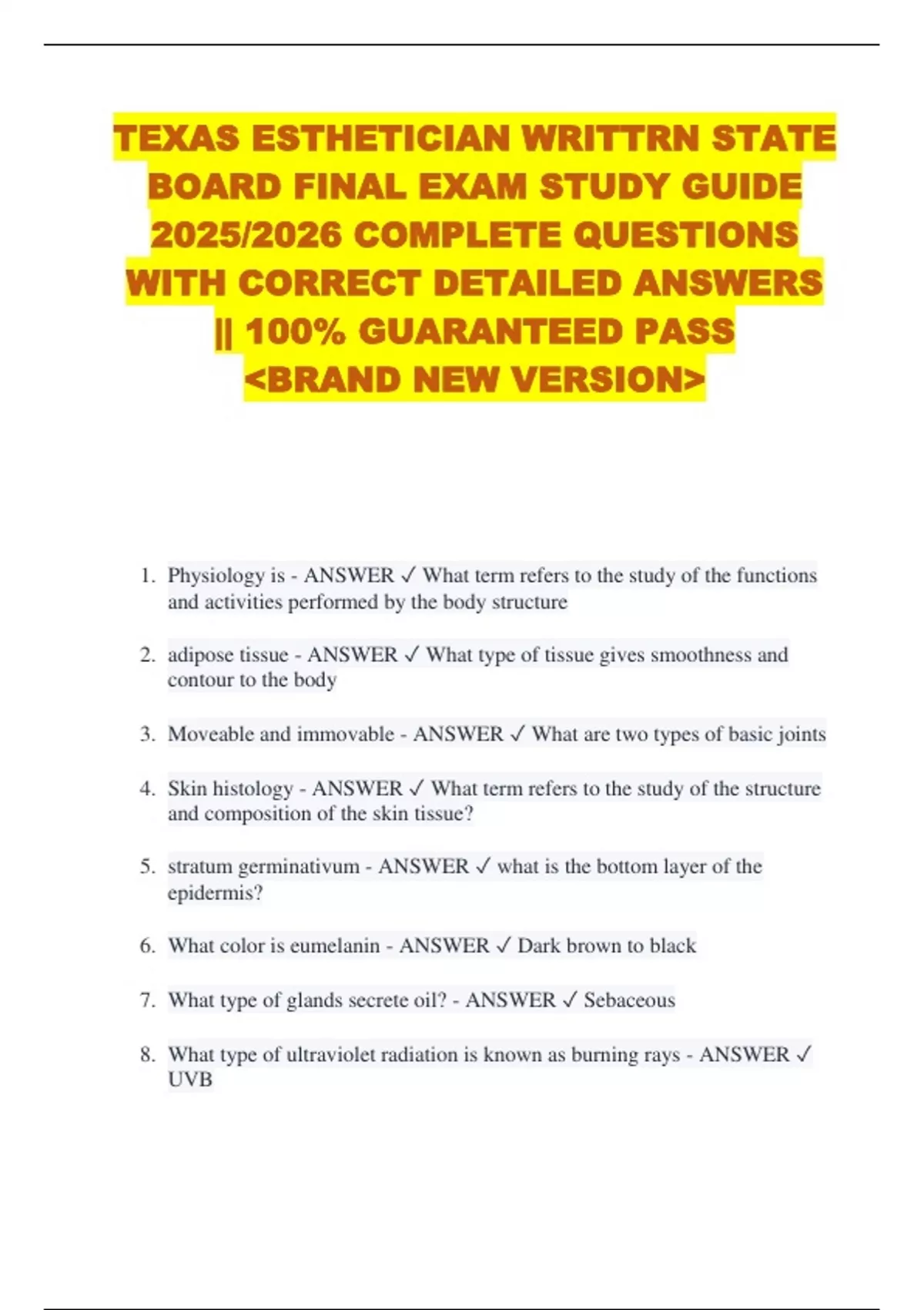 TEXAS ESTHETICIAN WRITTRN STATE BOARD FINAL EXAM STUDY GUIDE 2025/2026 ...