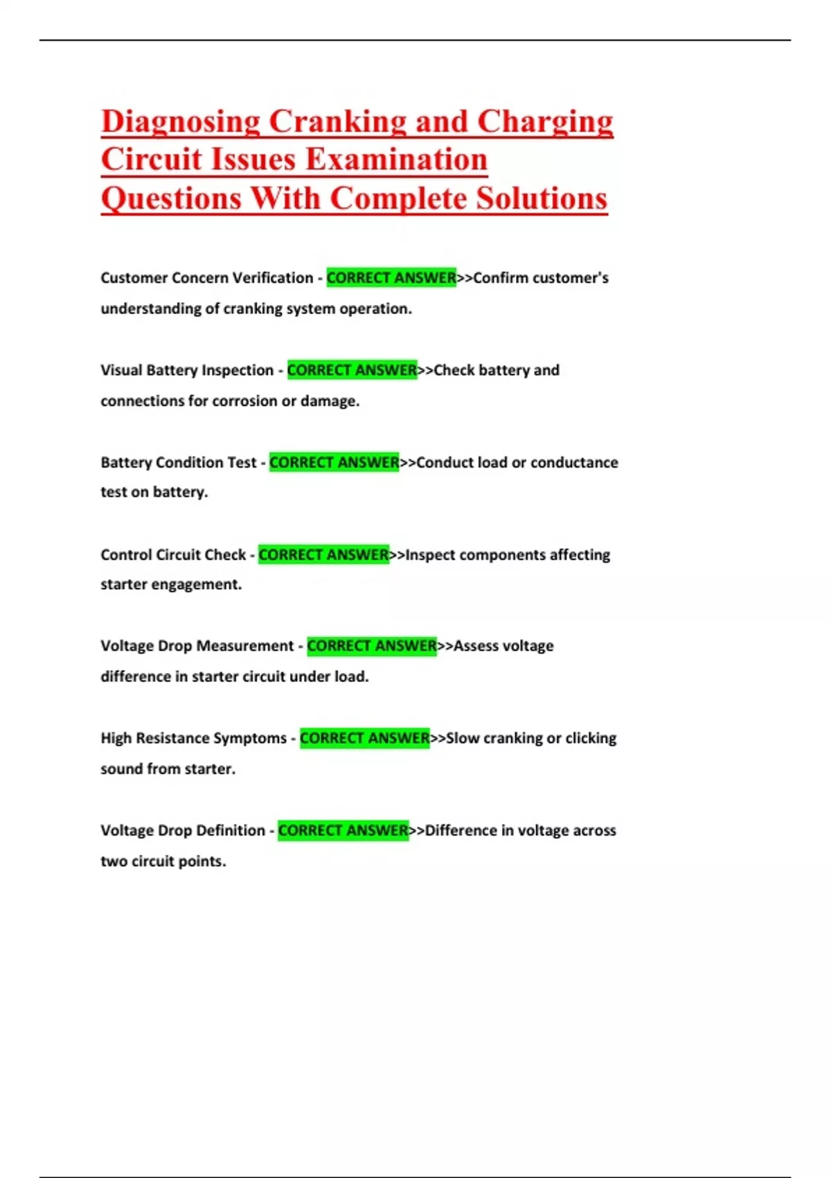 Diagnosing Cranking and Charging Circuit Issues Examination Questions ...