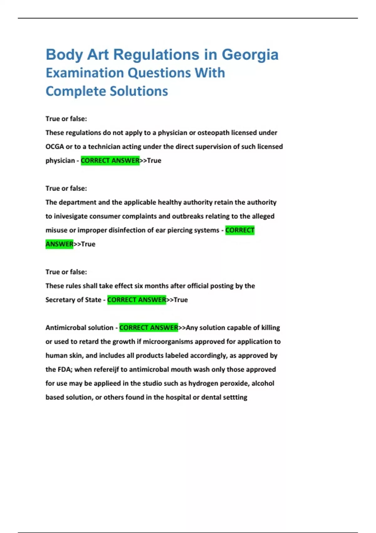 Body Art Regulations in Georgia Examination Questions With Complete ...