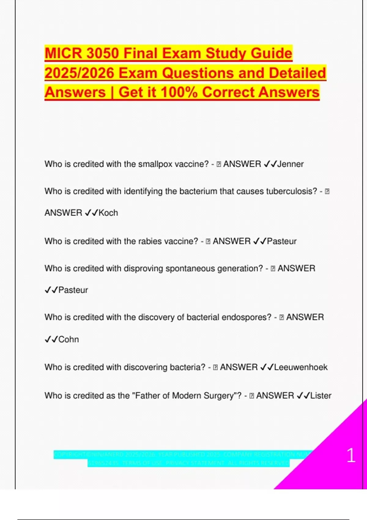 MICR 3050 Final Exam Guide 2025/2026 – Microbial Biology, Pathogens ...