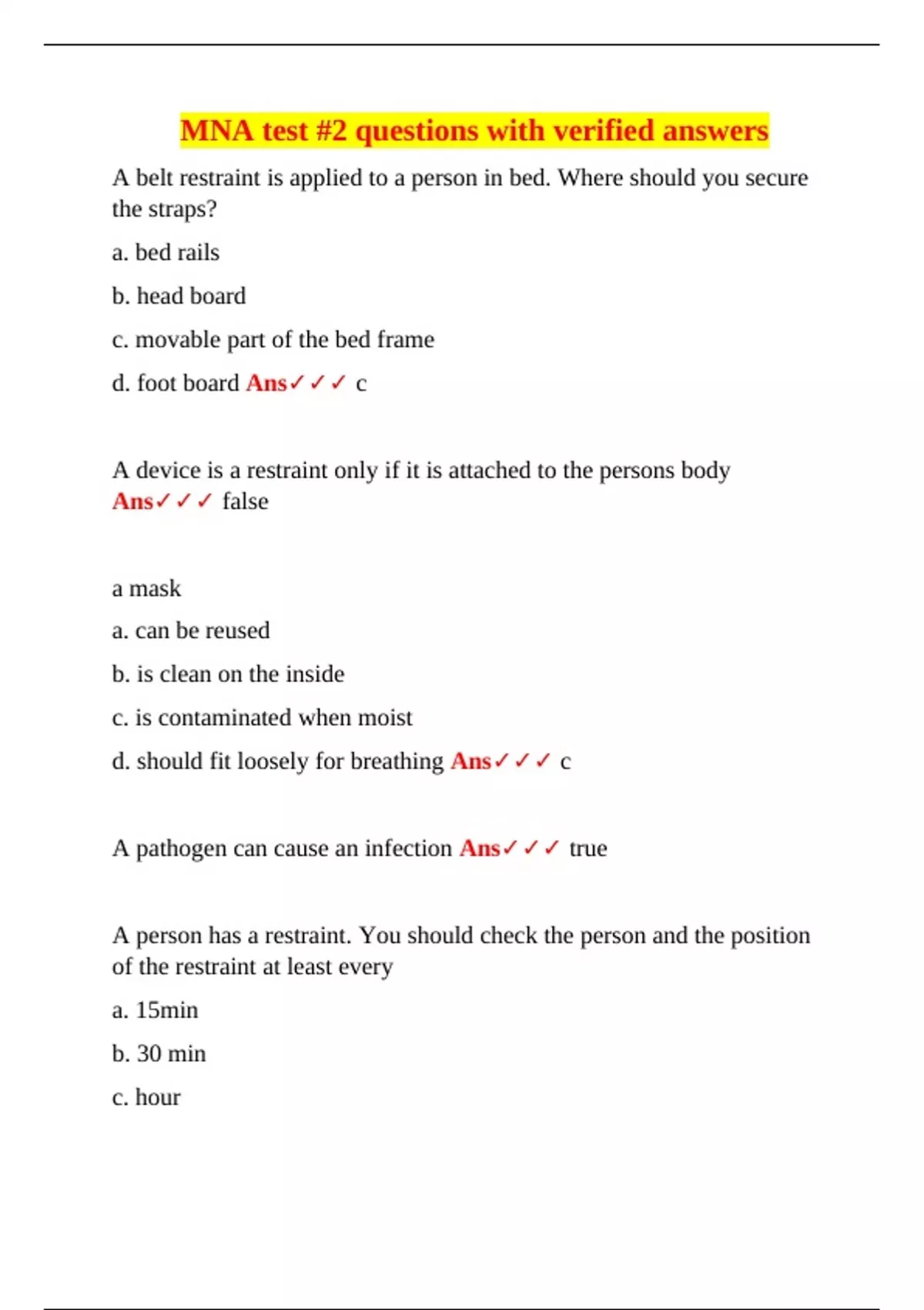 MNA Test #2 – Verified Questions and Answers – Safety, Infection ...