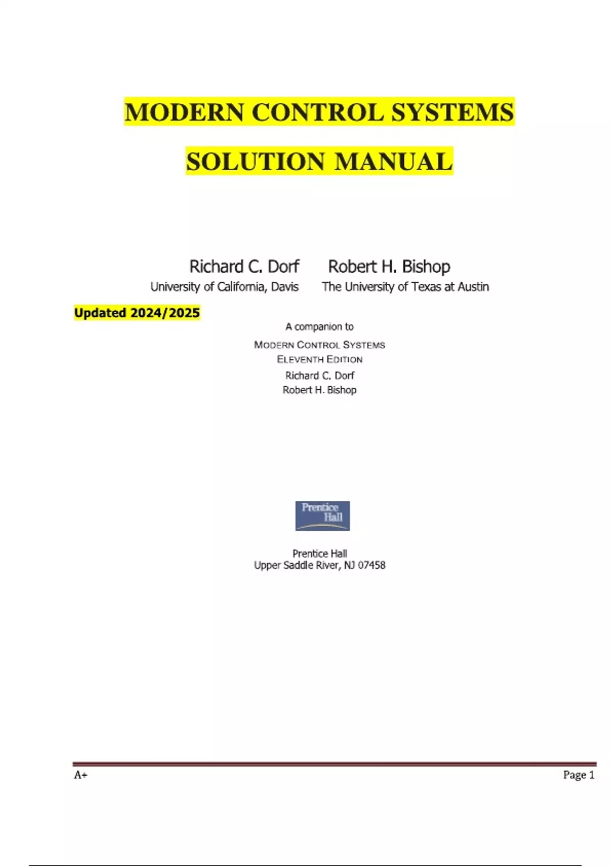Solution Manual for Modern Control Systems, 14th edition By Richard C ...