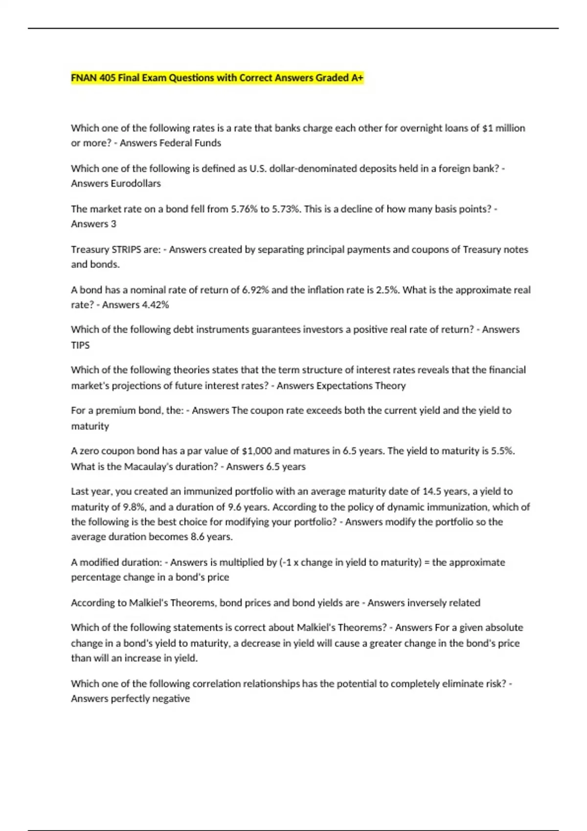 FNAN 405 Final Exam Questions with Correct Answers Graded A+ - FNAN 405 ...