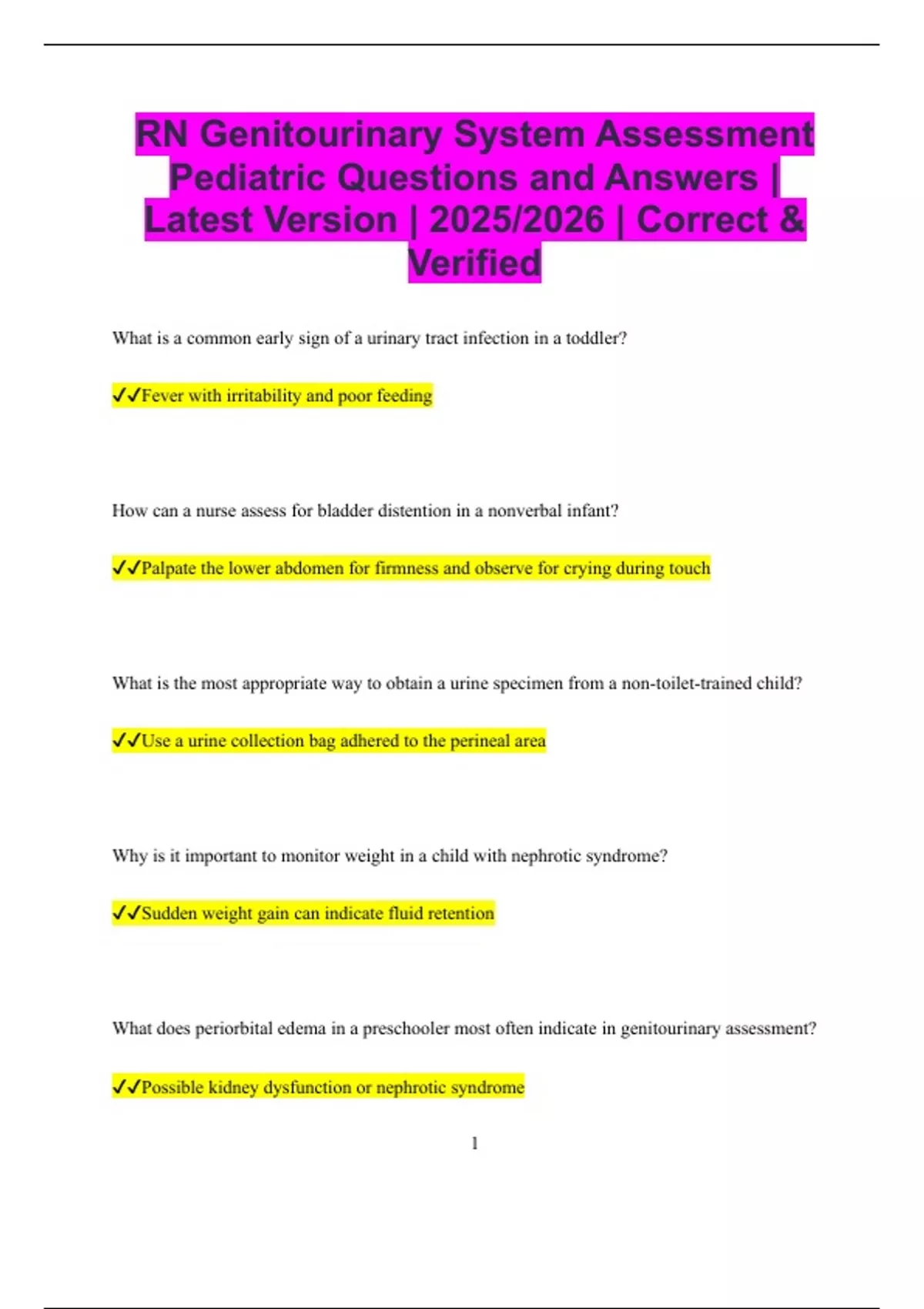 RN Genitourinary System Assessment Pediatric Questions and Answers ...